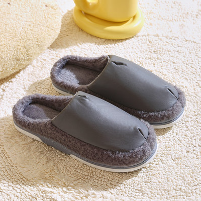 2021 New Design Simple PU leather Couple Slippers Winter Warm Waterproof Hard-Wearing Female Home indoor Shoes