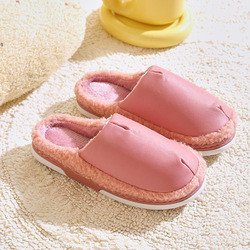 2021 New Design Simple PU leather Couple Slippers Winter Warm Waterproof Hard-Wearing Female Home indoor Shoes