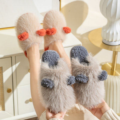 2021 custom new Fashion winter women's fur slippers flat cute ear slippers women long hair house shoes