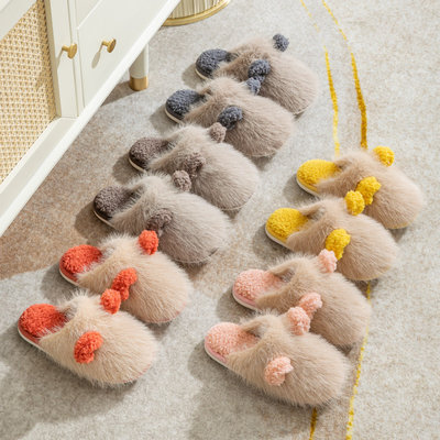 2021 custom new Fashion winter women's fur slippers flat cute ear slippers women long hair house shoes