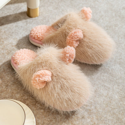 2021 custom new Fashion winter women's fur slippers flat cute ear slippers women long hair house shoes