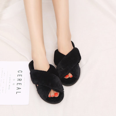 Wholesale ladies house indoor and outdoor fashion pure color ladies open toe slipper fluffy winter ladies house shoes