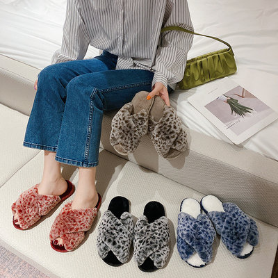 Women's Fashion Soft house Indoor slipper Home Fluffy house shoes  Cross Open Toe Fur Slides Slippers