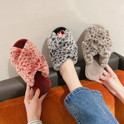 Women's Fashion Soft house Indoor slipper Home Fluffy house shoes  Cross Open Toe Fur Slides Slippers