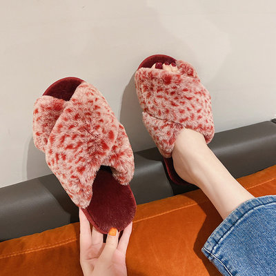 Women's Fashion Soft house Indoor slipper Home Fluffy house shoes  Cross Open Toe Fur Slides Slippers