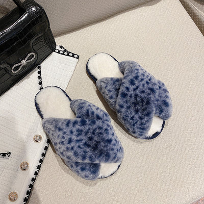 Women's Fashion Soft house Indoor slipper Home Fluffy house shoes  Cross Open Toe Fur Slides Slippers