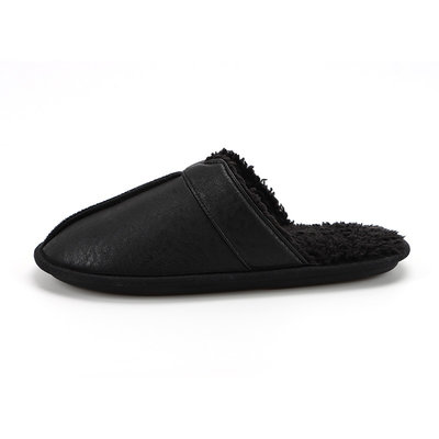 new design black PU fuzzy slipper warm soft plush winter house indoor slipper