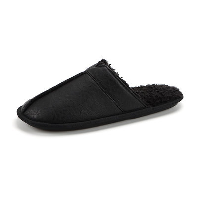 new design black PU fuzzy slipper warm soft plush winter house indoor slipper