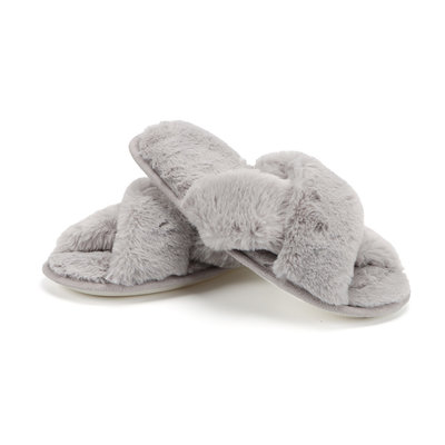 Women  solid color open toe home  slippers Warm Cross Soft Plush Furry Faux Fur house shoes slippers