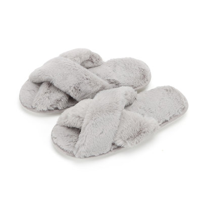 Women  solid color open toe home  slippers Warm Cross Soft Plush Furry Faux Fur house shoes slippers