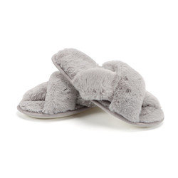 Women  solid color open toe home  slippers Warm Cross Soft Plush Furry Faux Fur house shoes slippers