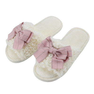 Women Soft Sherpa With Bowknot Memory Foam Slide Lady Fluffy Slide Open Toe Slippers