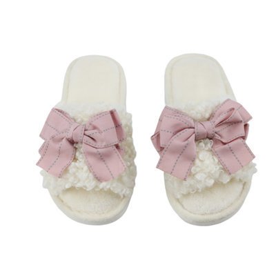 Women Soft Sherpa With Bowknot Memory Foam Slide Lady Fluffy Slide Open Toe Slippers
