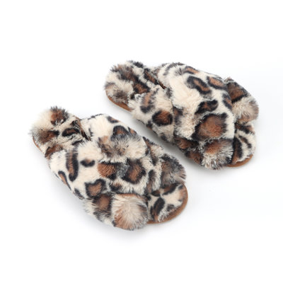 Women Winter  Plush Soft  home indoor Anti-slip Floor Bedroom Fashion Leopard Slippers open toe shoes