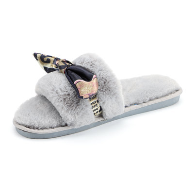 Fashion Women Faux Fur Slider Slippers Fluffy House Slide Scarf bow Winter Slippers Open Toe  shoes