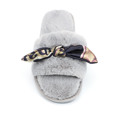 Fashion Women Faux Fur Slider Slippers Fluffy House Slide Scarf bow Winter Slippers Open Toe  shoes