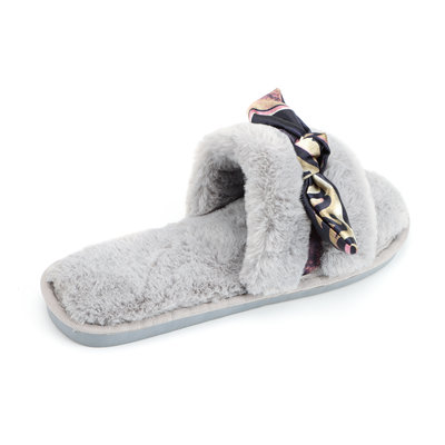 Fashion Women Faux Fur Slider Slippers Fluffy House Slide Scarf bow Winter Slippers Open Toe  shoes