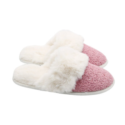 Womens pink  Slip On Faux Fur Warm Winter Fluffy knitted Comfy house indoor Slippers