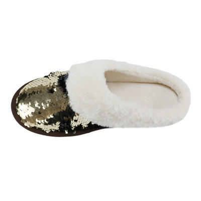 ladies house indoor slippers  women bedroom home mesh golden sequin faux fur gslippers
