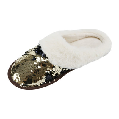 ladies house indoor slippers  women bedroom home mesh golden sequin faux fur gslippers