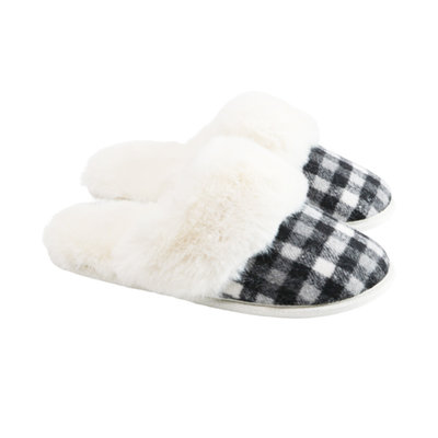 Fluffy Faux Fur Women Slipper Shoes Winter Long Plush Grid Pattern