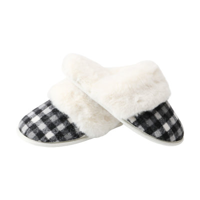 Fluffy Faux Fur Women Slipper Shoes Winter Long Plush Grid Pattern