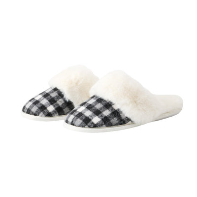 Fluffy Faux Fur Women Slipper Shoes Winter Long Plush Grid Pattern