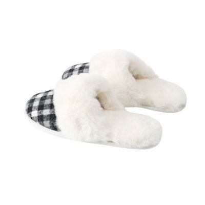 Fluffy Faux Fur Women Slipper Shoes Winter Long Plush Grid Pattern