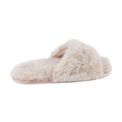 Women Pink Flat Slippers Fuzzy Sandals Faux Fur Home Open Toe Flat Shoes