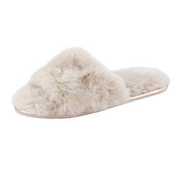 Women Pink Flat Slippers Fuzzy Sandals Faux Fur Home Open Toe Flat Shoes