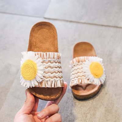 girls Summer Cork Slippers kids delicate flower Non-slip Flat Outdoor Beach sandals