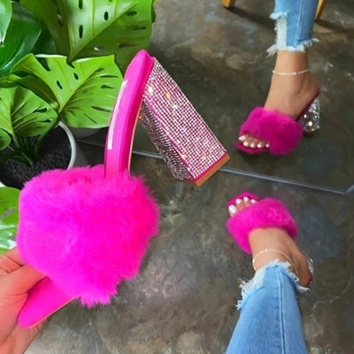 2022 New Design solid color Rhinestone Heeled plush upper Sandals Chunky Heels large size shoes Women high heels