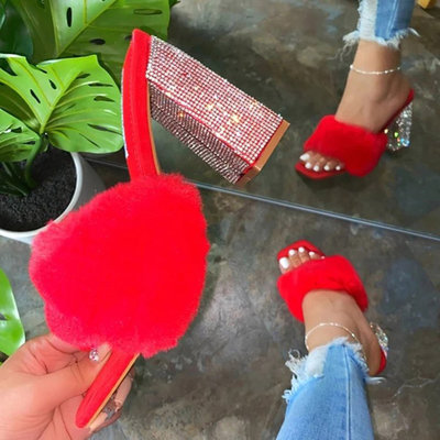 2022 New Design solid color Rhinestone Heeled plush upper Sandals Chunky Heels large size shoes Women high heels