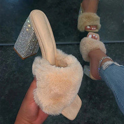 2022 New Design solid color Rhinestone Heeled plush upper Sandals Chunky Heels large size shoes Women high heels
