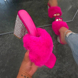 2022 New Design solid color Rhinestone Heeled plush upper Sandals Chunky Heels large size shoes Women high heels