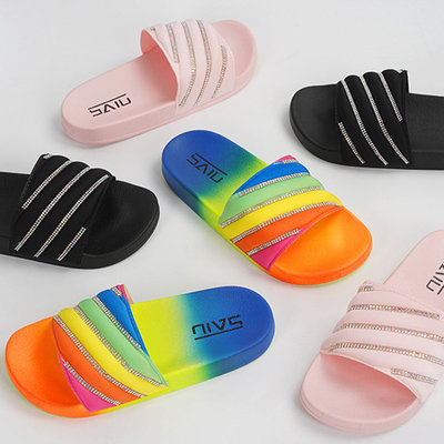 High quality lady rainbow color custom soft women PVC material slippers lightweight out wear sandals wholesale cloud slides