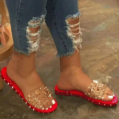 Wholesale Hot Sale Fashion Shiny PU Studded lady summer Sandals Flat Outdoor Slides Slippers Women's Casual Shoes