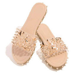 Wholesale Hot Sale Fashion Shiny PU Studded lady summer Sandals Flat Outdoor Slides Slippers Women's Casual Shoes