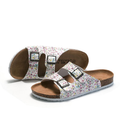 2021 summer women new double-button casual cork slippers with Flower pattern leather patchwork rubber white platform sandal