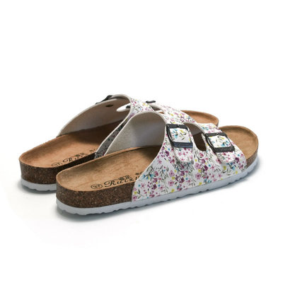 2021 summer women new double-button casual cork slippers with Flower pattern leather patchwork rubber white platform sandal