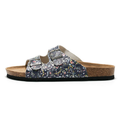 2021 summer women new double-button casual cork slippers with Flower pattern leather patchwork rubber white platform sandal