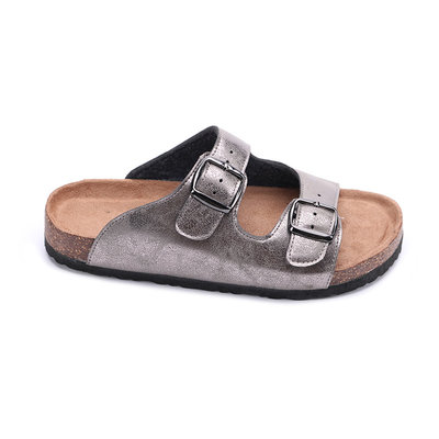 New fashion metal PU leather beach sandals with soft rubber for women summer lady soft wood soles shoes rubber slide sandals