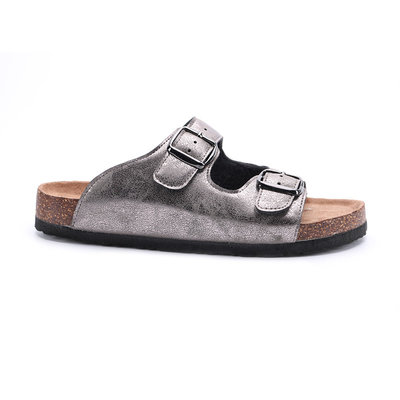 New fashion metal PU leather beach sandals with soft rubber for women summer lady soft wood soles shoes rubber slide sandals