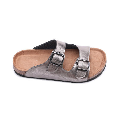 New fashion metal PU leather beach sandals with soft rubber for women summer lady soft wood soles shoes rubber slide sandals