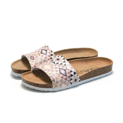 Hot selling new fashion custom wholesale men PU upper cork foot bed slippers ladies printed open toe platform slide sandals