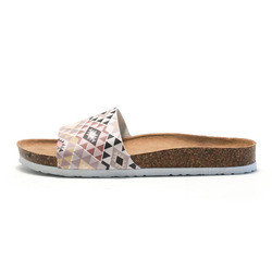 Hot selling new fashion custom wholesale men PU upper cork foot bed slippers ladies printed open toe platform slide sandals