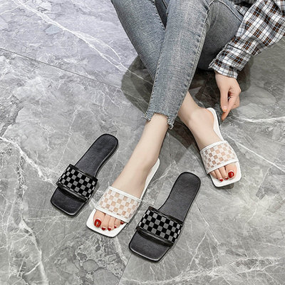 Black And White Beach Shoes Grid Upper Flat Open Toe Large Size Beach Shoes