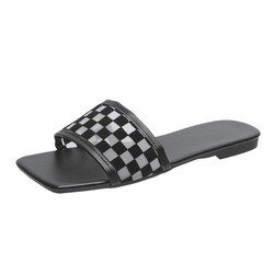 Black And White Beach Shoes Grid Upper Flat Open Toe Large Size Beach Shoes