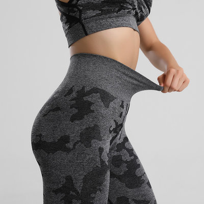 Factory Custom 3 Pcs Women Sports Wear Sets Camouflage Seamless Breathable Bra and long sleeve crop top and Legging yoga wear
