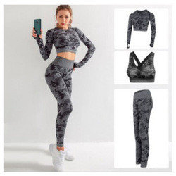 Factory Custom 3 Pcs Women Sports Wear Sets Camouflage Seamless Breathable Bra and long sleeve crop top and Legging yoga wear